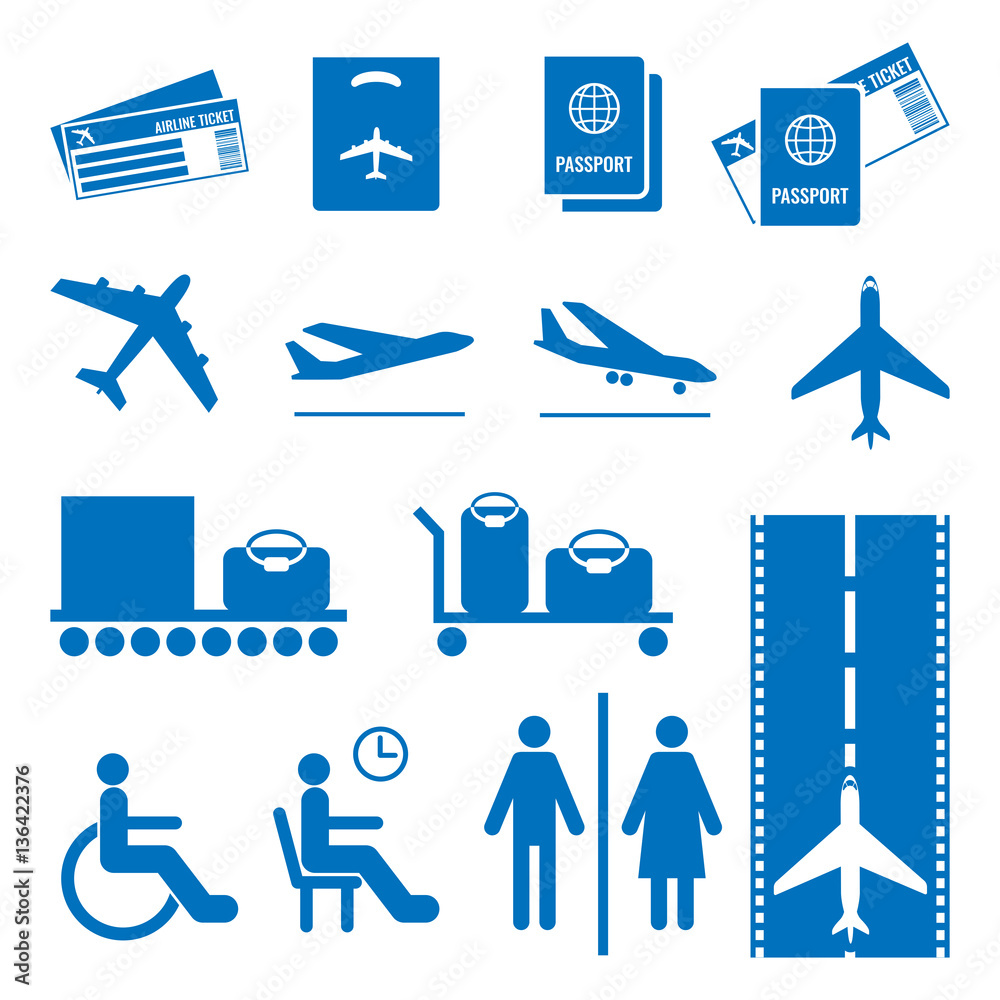 Airline colourless signs set. Passports and tickets, airplane flying ...