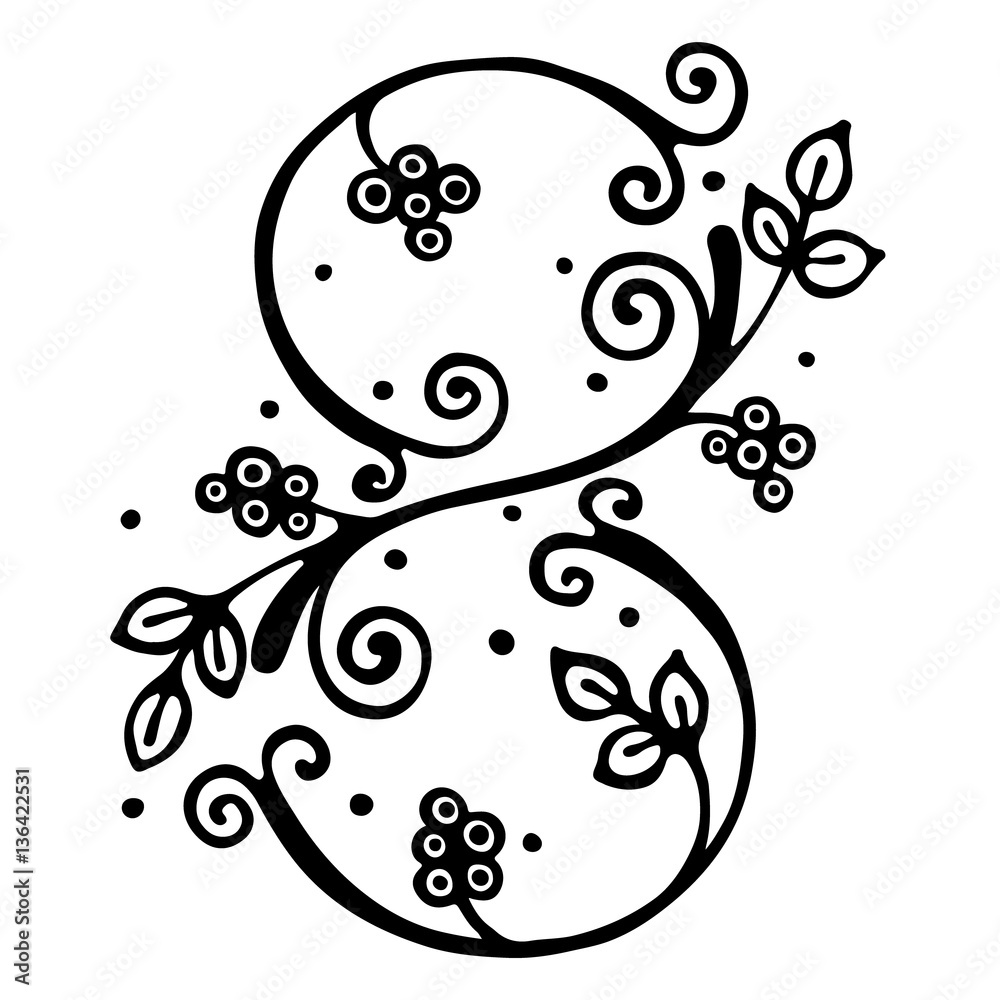 Vector hand drawn illustration, decorative stylized number eight in ...