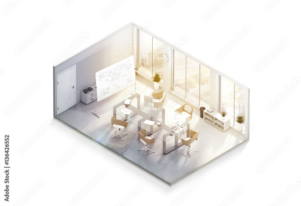 Modern office interior design mockup, isometric view, isolated, 3d ...