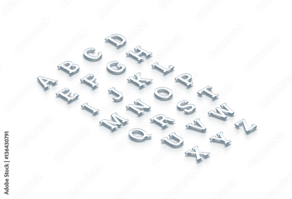 Glass transparent alphabet, isometric view, 3d rendering. Clear ...