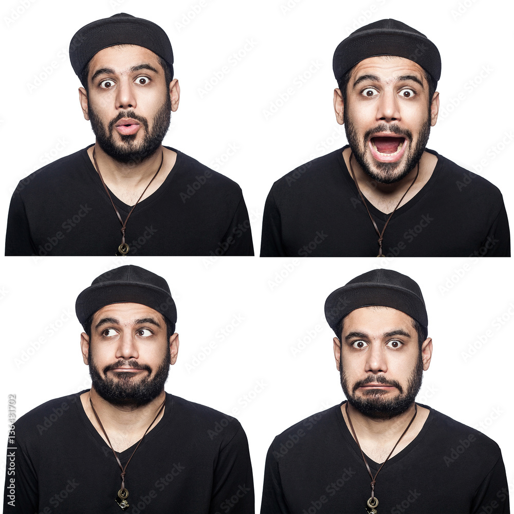 Mosaic of middle eastern expressing different emotions. The bearded man ...