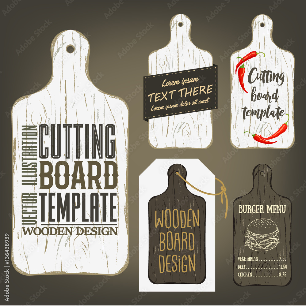 Wood cutting board template with usage examples. Vector illustration ...