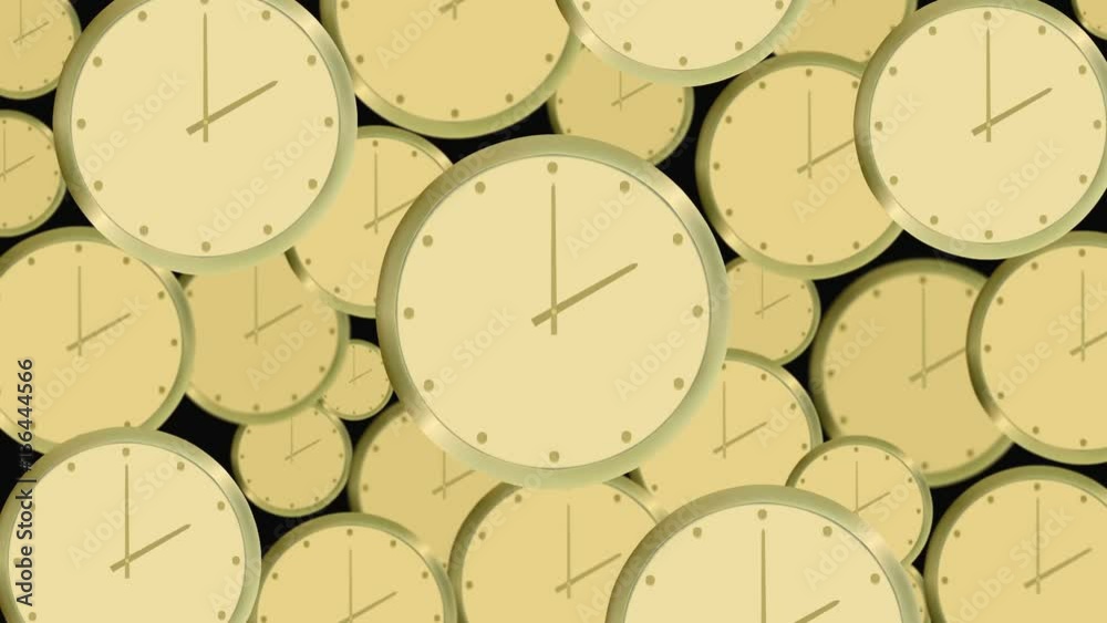 Golden Alarm clocks falling down with depth of field effect. 12 hours ...