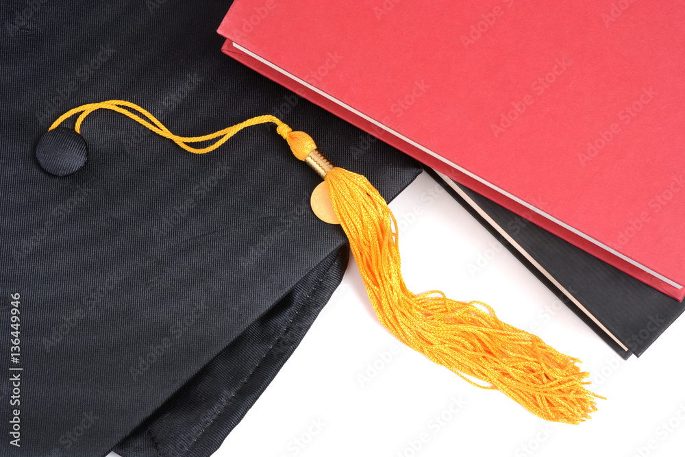 school books and graduation cap white background Stock Photo | Adobe Stock