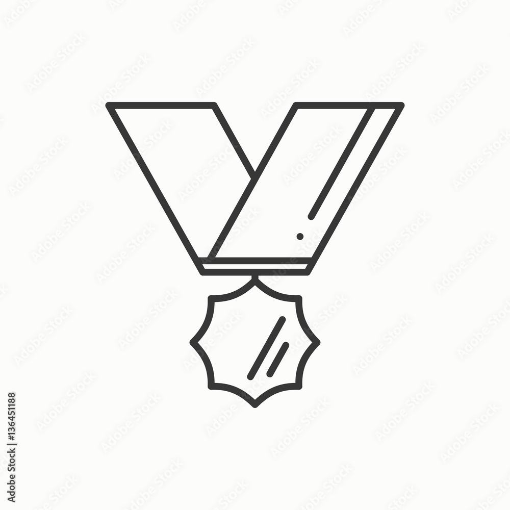 Gold medal award with ribbon. Winner line thin icon. First place ...