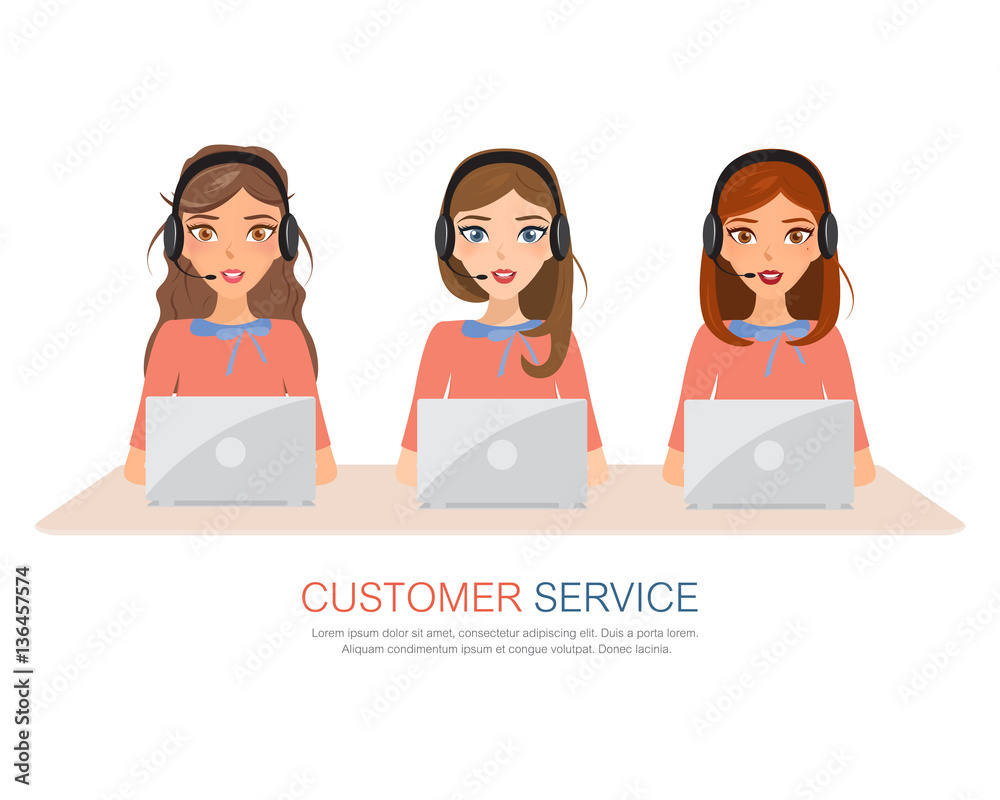 Customer service of a pretty smiling call center girl wearing a headset ...