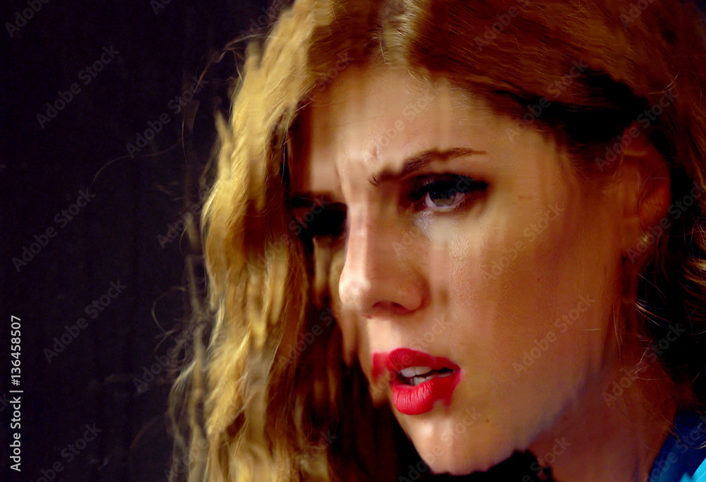 Woman crying behind window with rain. Portrait of sad girl on black ...