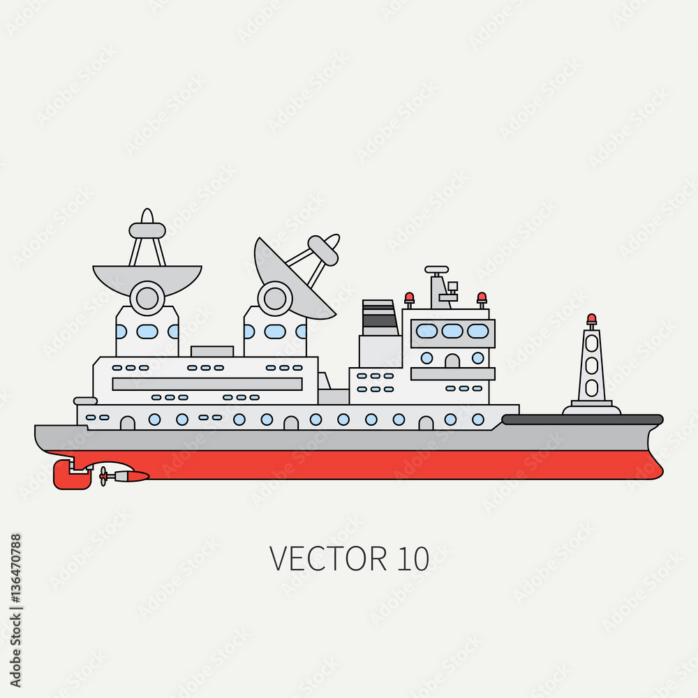 Line flat vector color icon scientific ship. Research fleet. Cartoon ...