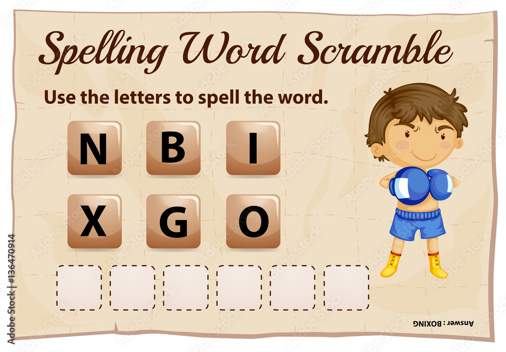 Spelling word scramble game template with word boxing Stock Vector ...