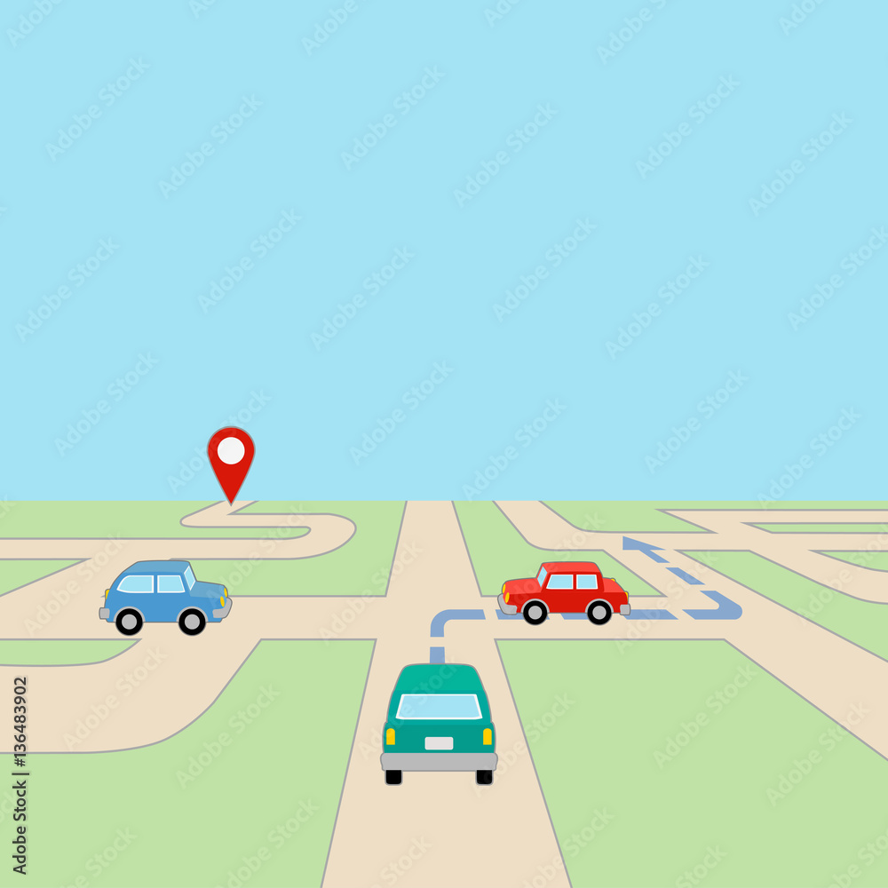 Map with Cars at Intersection and GPS Route on Road, grouped and ...