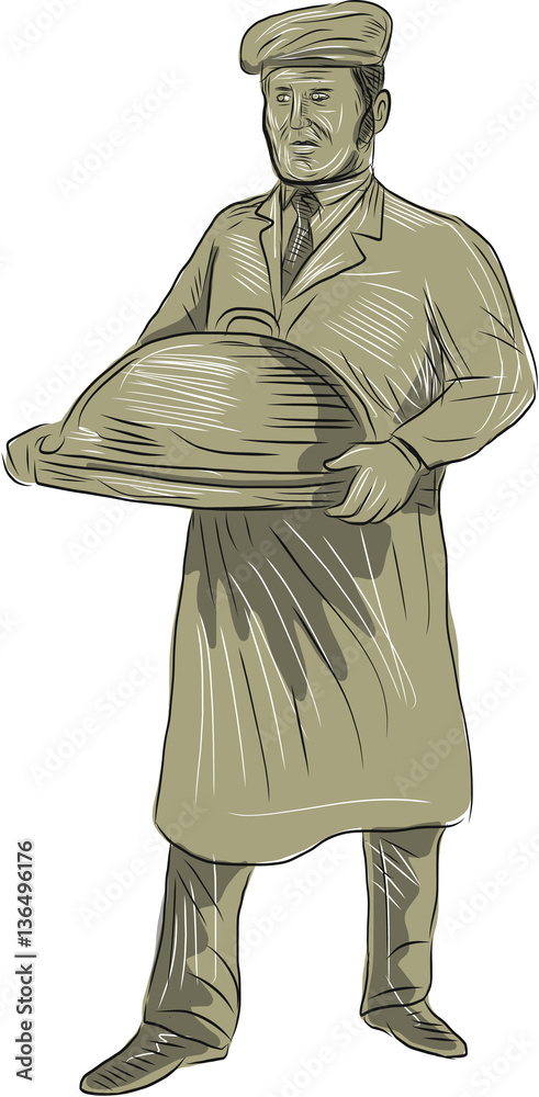 Victorian Waiter Serving Food Platter Drawing Stock Vector | Adobe Stock