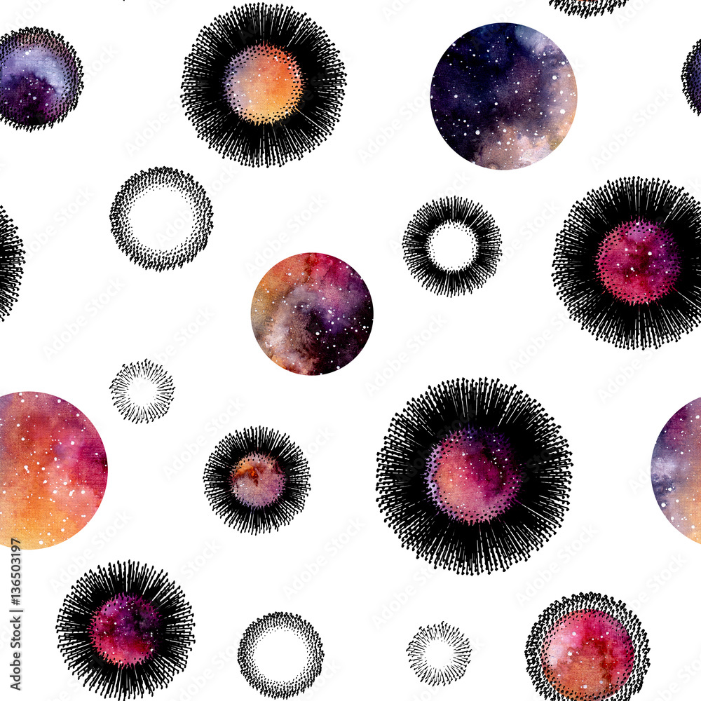 Seamless Pattern of Watercolor Galaxy in Circles Stock Illustration ...