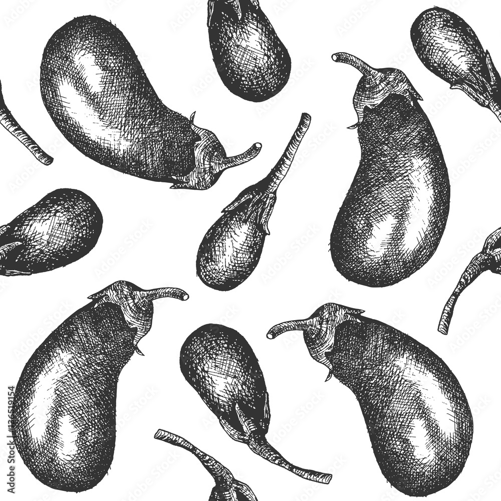 Seamless pattern design or background with eggplant. Hand drawn ...