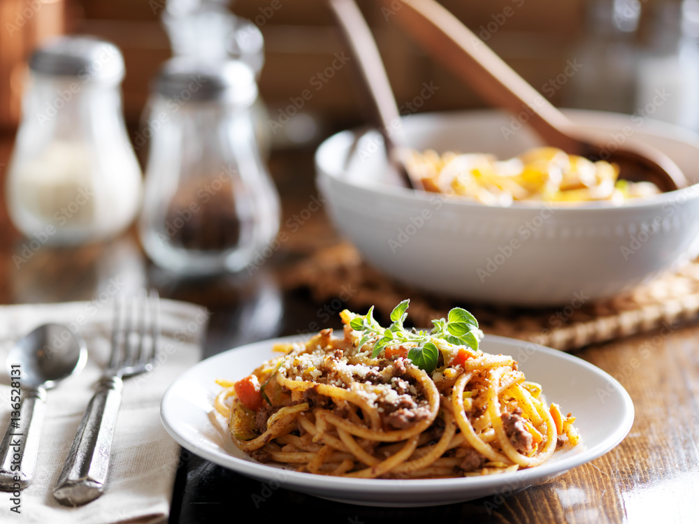 spaghetti dinner with beef, parmesan and oregano Stock-Foto | Adobe Stock