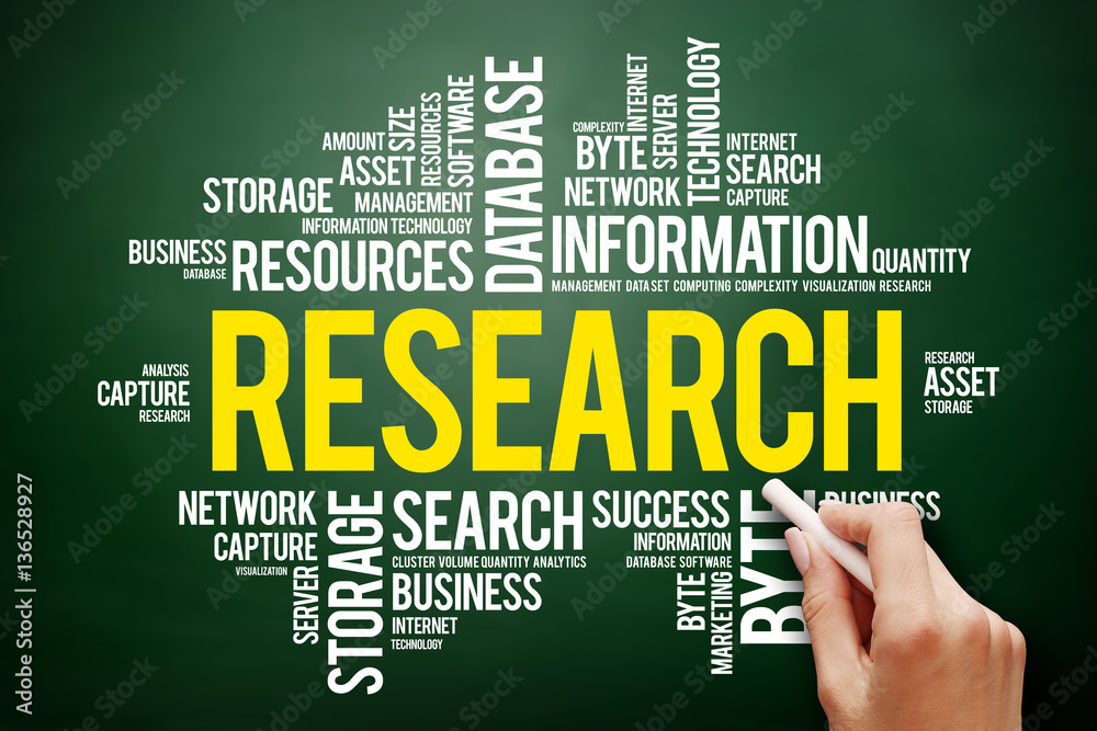 Research word cloud collage, technology business concept on blackboard ...