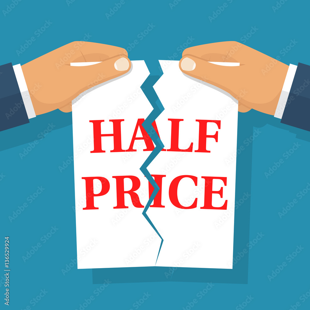 Half price sale concept. Male two hands tearing paper. Vector ...
