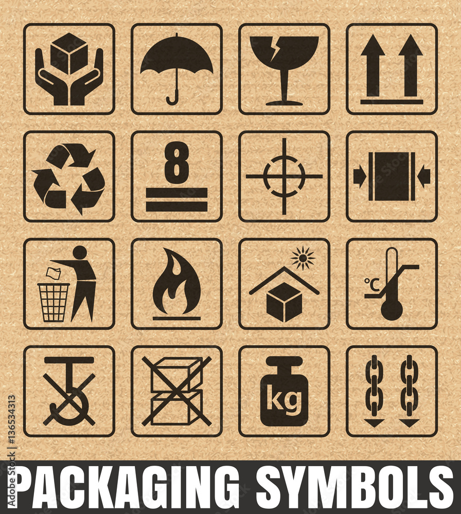 Packaging symbols on cardboard background including Fragile, Handle ...