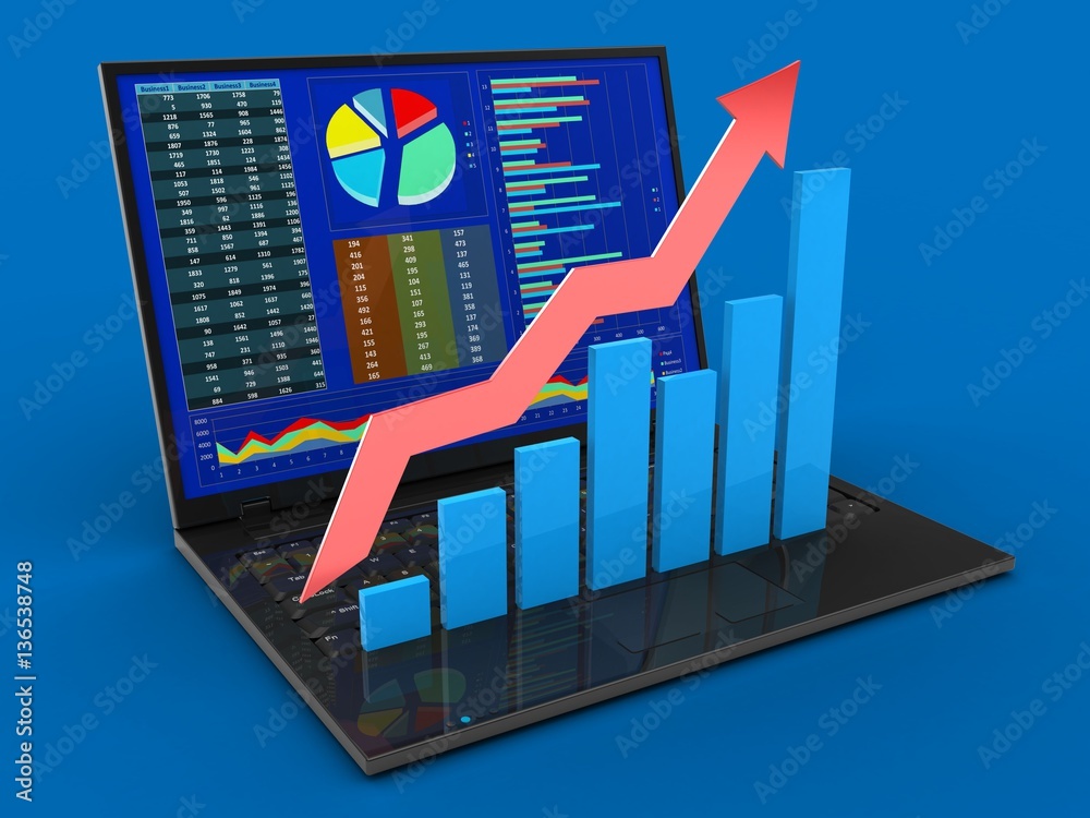 3d illustration of laptop computer over blue background with diagrams ...