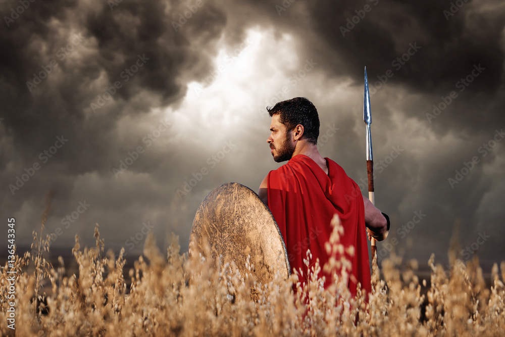 Back view of warrior wearing in red cloak like spartan. Stock Photo ...
