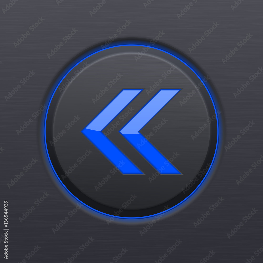 Previous button. Round blue arrow on black plastic background Stock ...