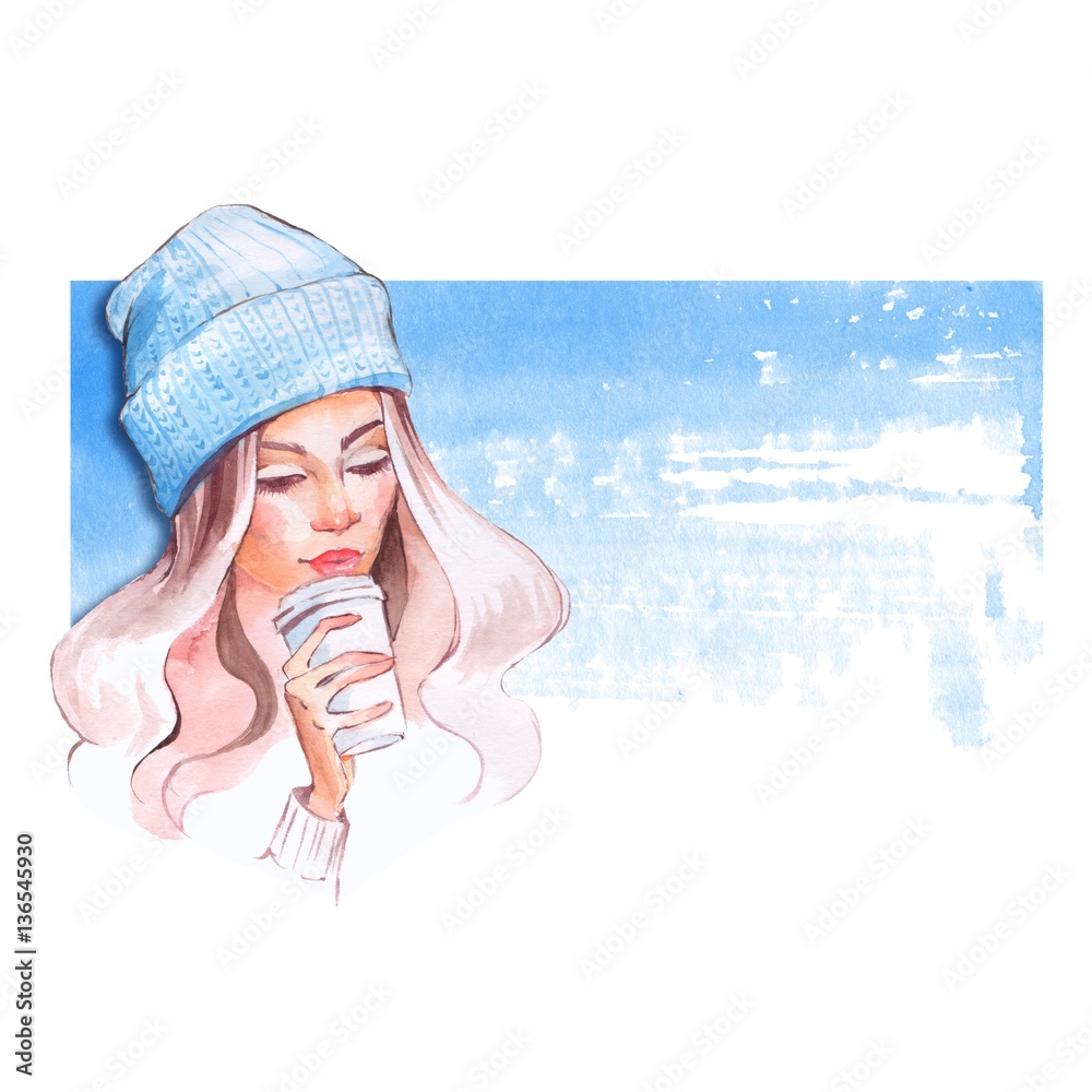 Watercolor portrait of young pretty girl in cold weather dressed Stock ...