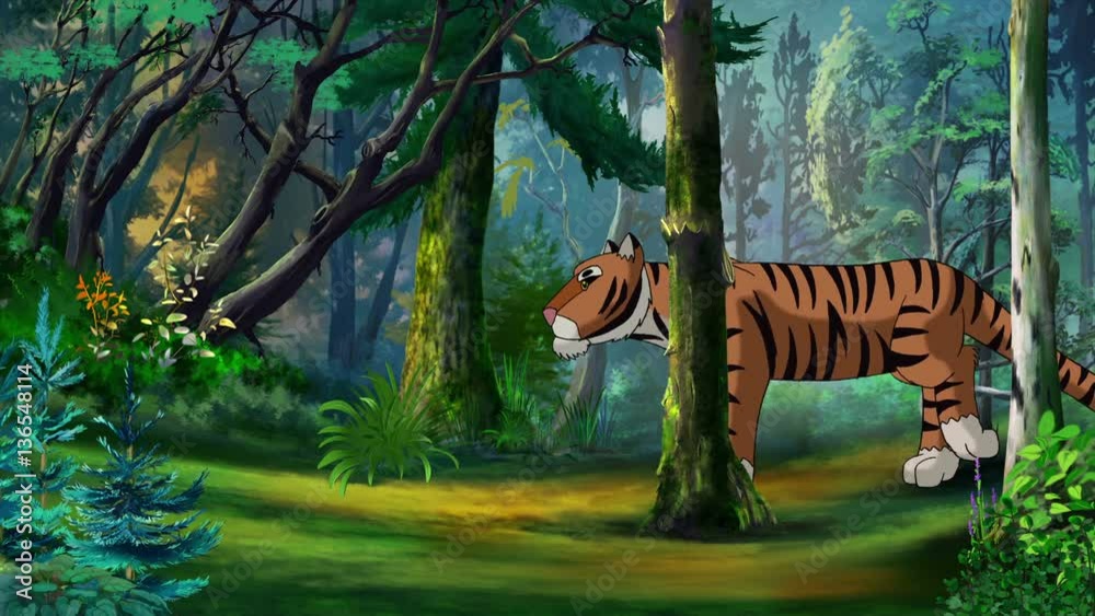 Cartoon Ussurian (Siberian) Tiger Walks Through the Taiga in a Summer ...