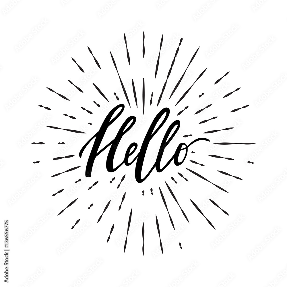 Vector retro illustration with "Hello" lettering and sunburst effect ...