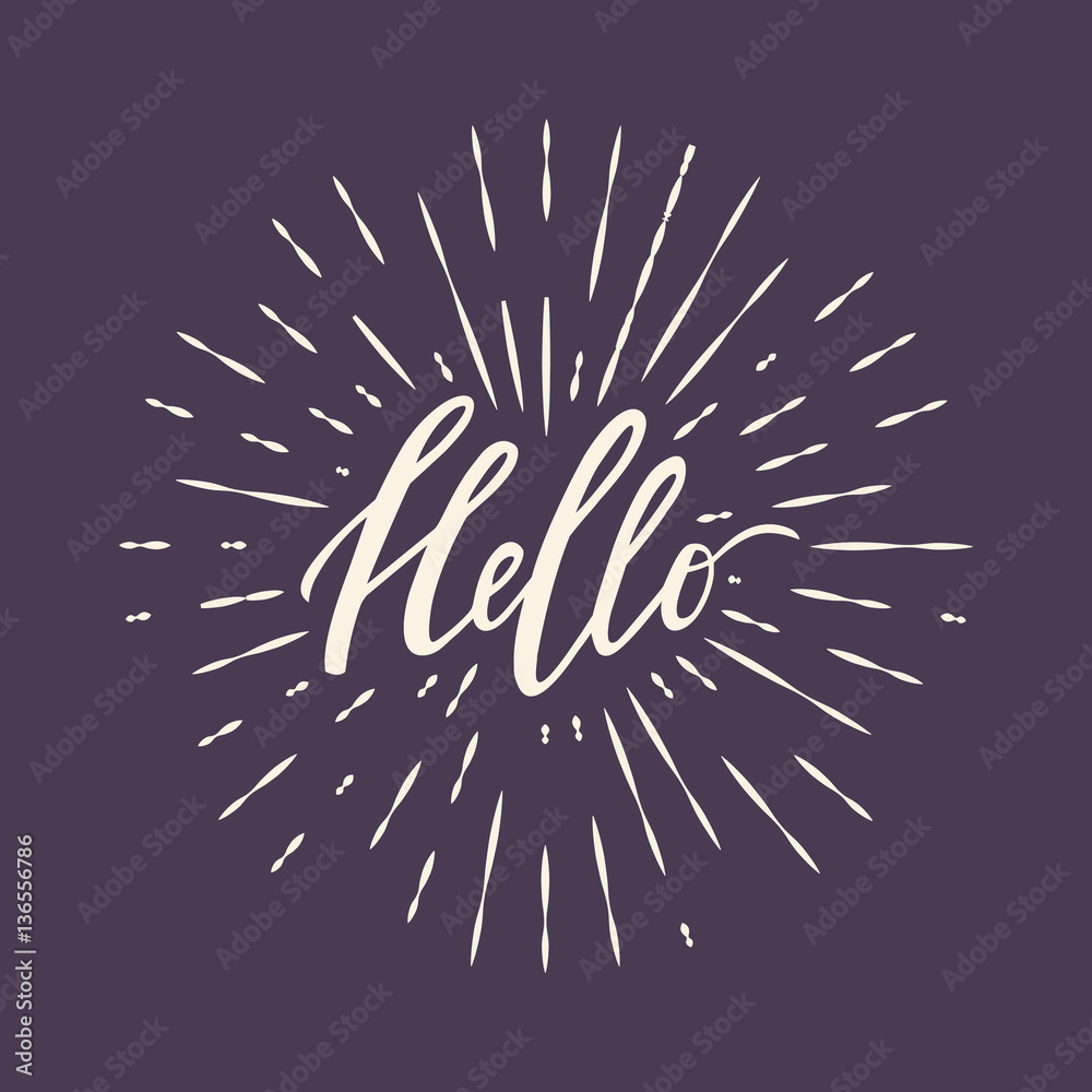 Vector retro illustration with "Hello" lettering and sunburst effect ...