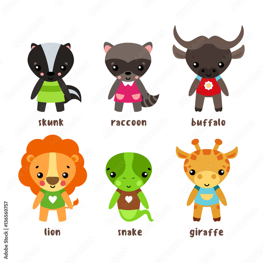 Skunk and giraffe, raccoon and snake, lion, bison Stock Vector | Adobe ...
