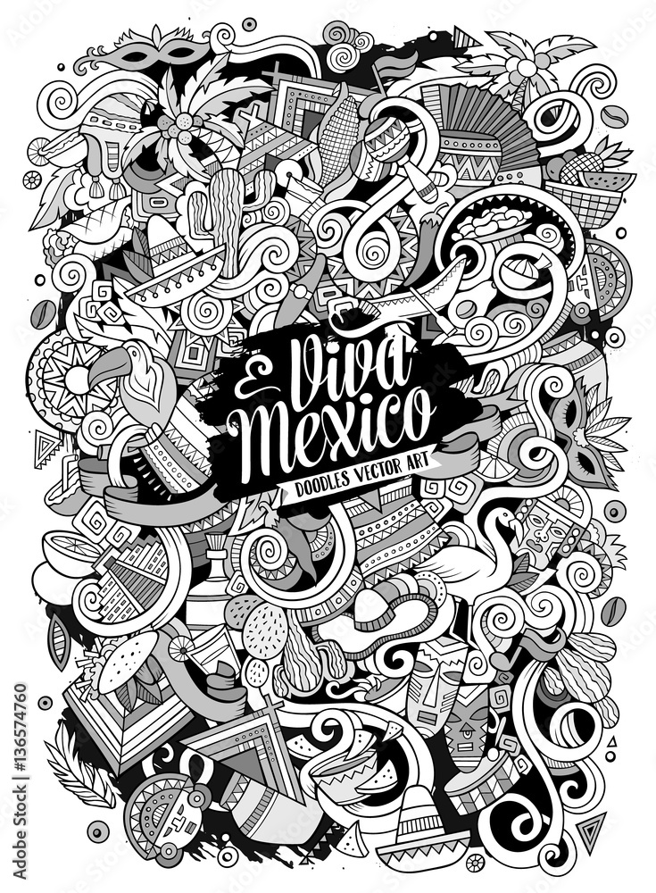 Cartoon hand-drawn doodles Latin American illustration. Line art Stock ...
