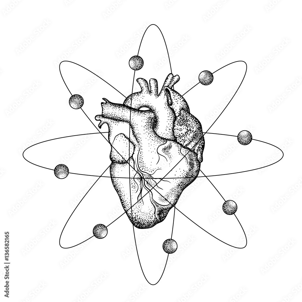 Realistic human heart with wings like atom with electrons. Tatto Stock ...