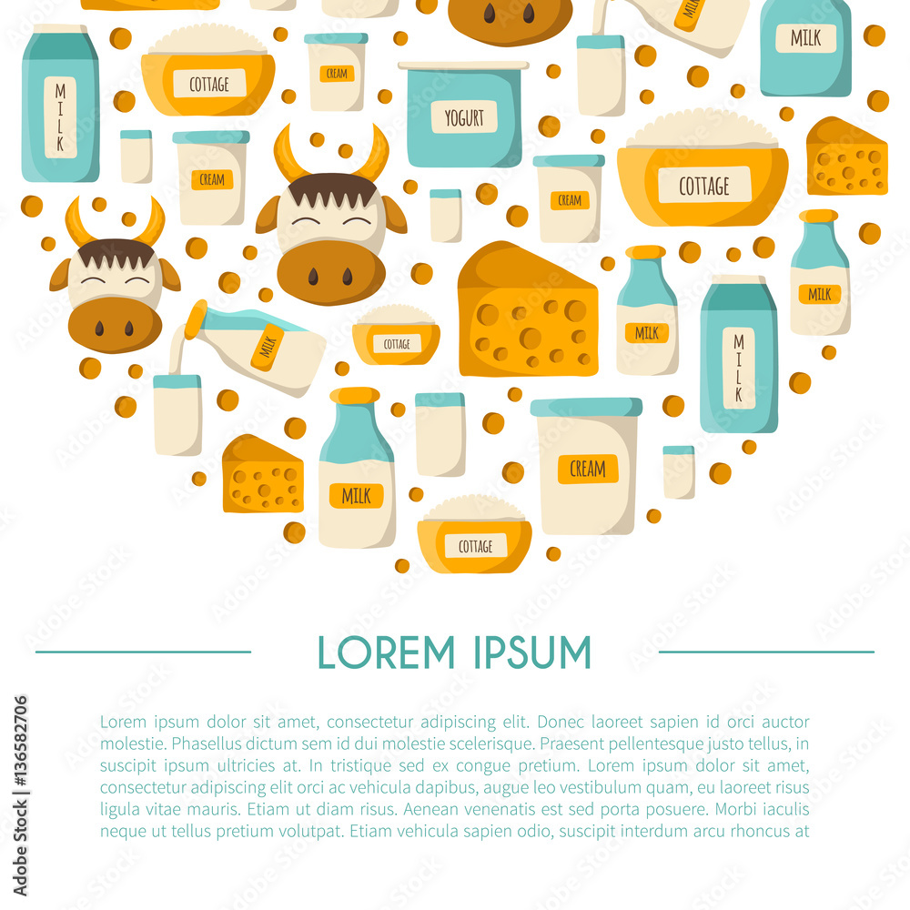 Vector illustration with cartoon milk products background. Milk ...