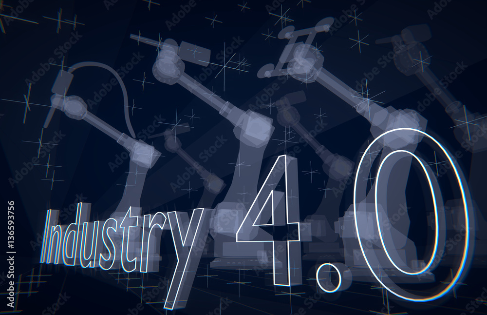 Industry 4.0 illustrated in a 3D rendering with industrial robots and ...