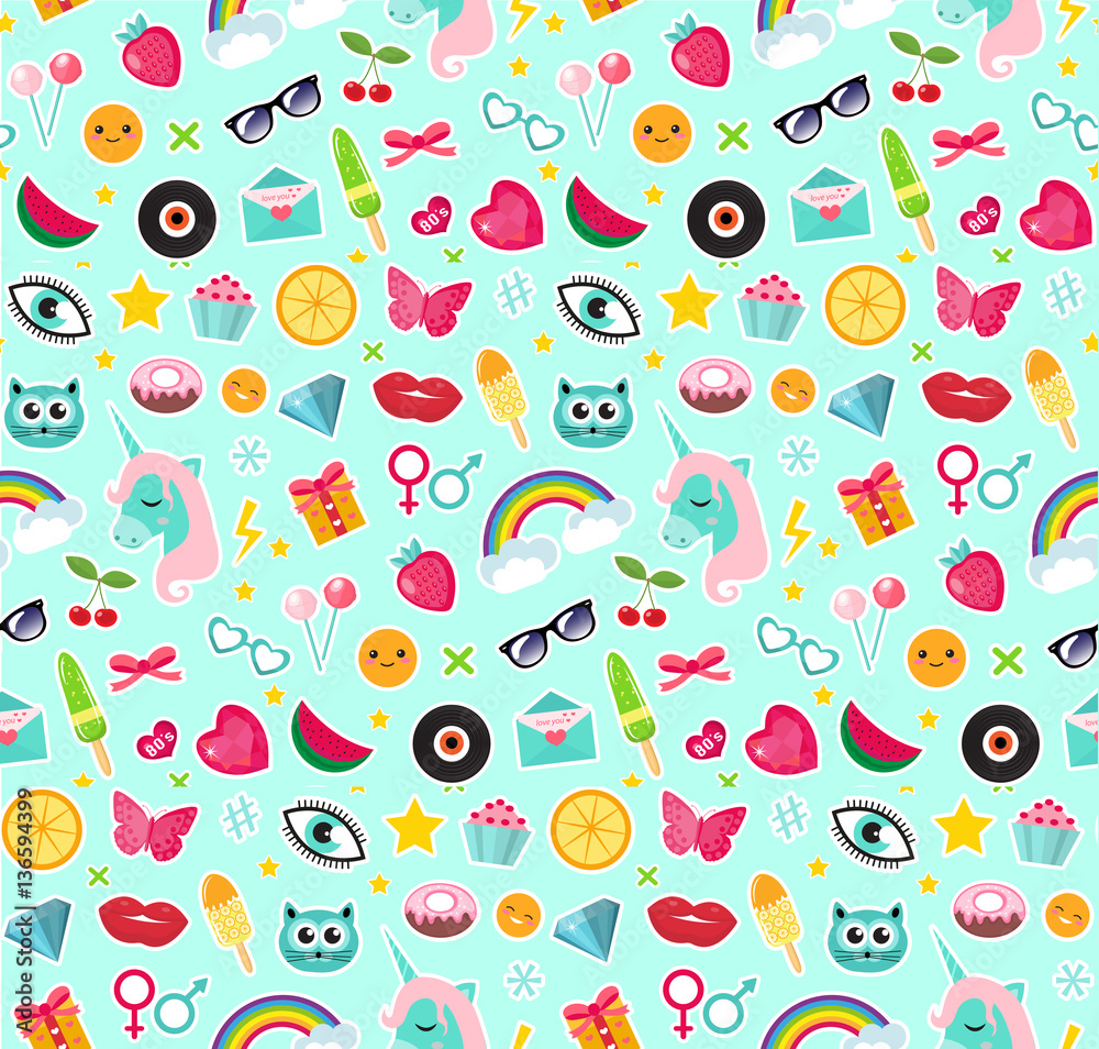 Fashion seamless pattern of patches 80s comic style. Pins, badges and ...