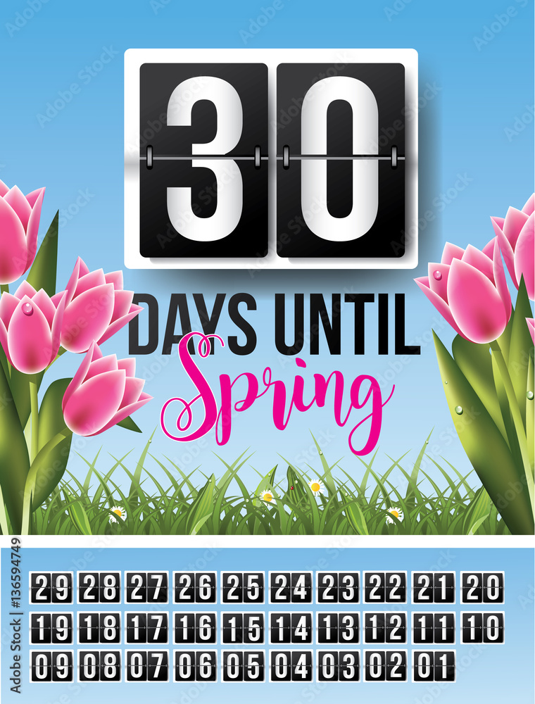 Countdown to spring design with flip numbers 1 through 30. Counting the ...