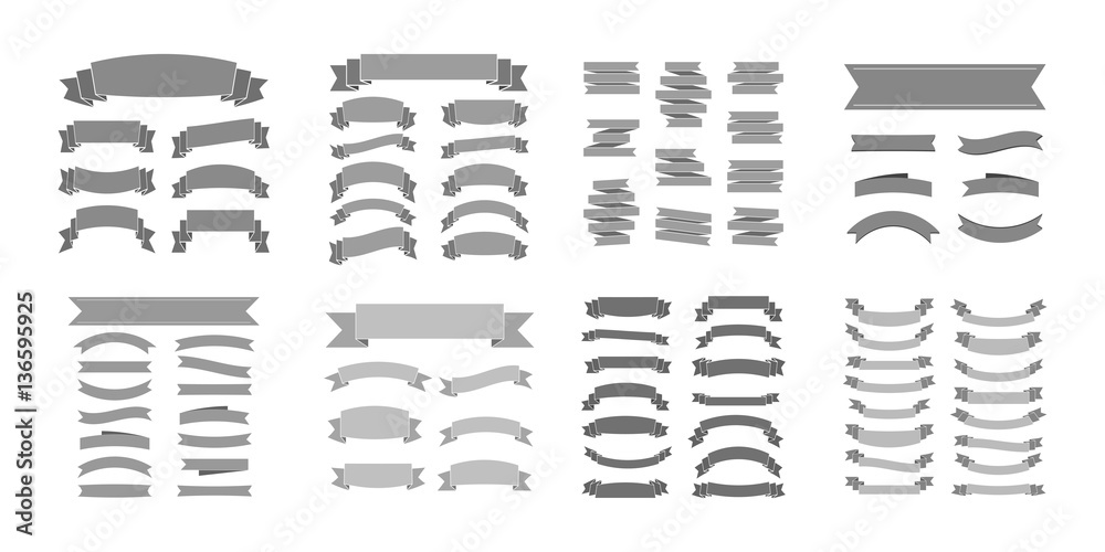 Gray ribbon banners set. Vintage decoration elements isolated on white ...