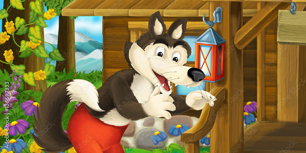 Cartoon funny scene with wolf in front of wooden farm house ...