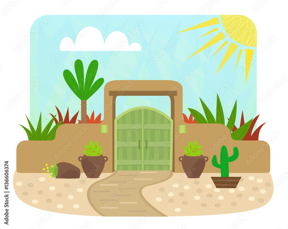 Pueblo Style Gate - Cartoon pueblo style gate with green door and ...