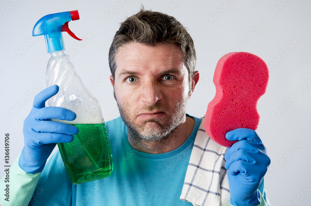 domestic service man or tired husband angry and stressed house cleaning ...