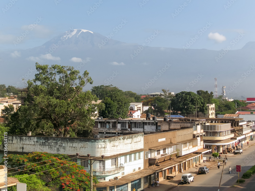 View on Mount Kilimanjaro (extinct volcano) at sunrise light with ...