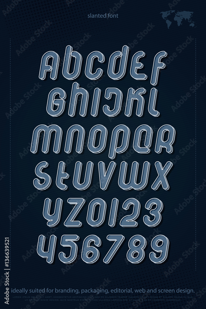 set of stylized alphabet letters and numbers isolated on blue ...