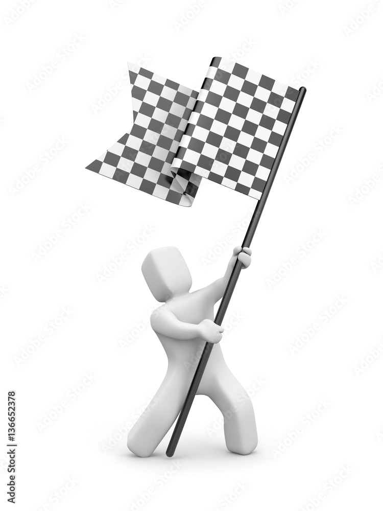 3d man holding a black and white checkered flag. 3d people colle Stock ...