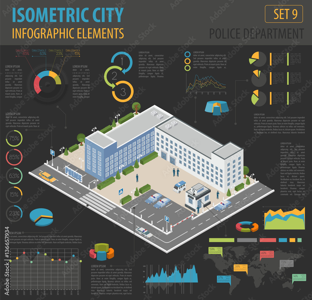 Flat 3d isometric Police Department and city map constructor ele Stock ...