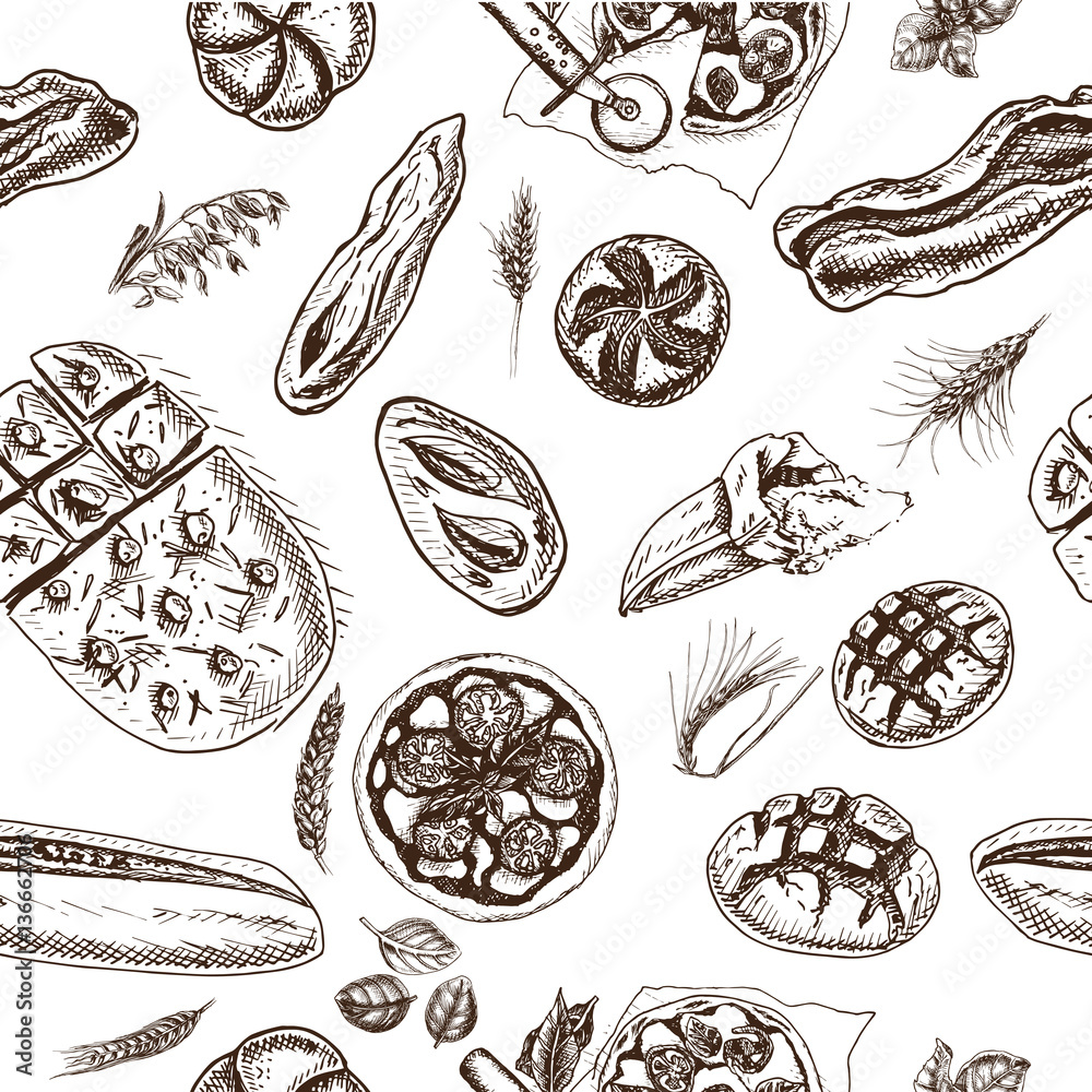 Vector illustration sketch. bread, loaf, baguette, focaccia, pizza ...