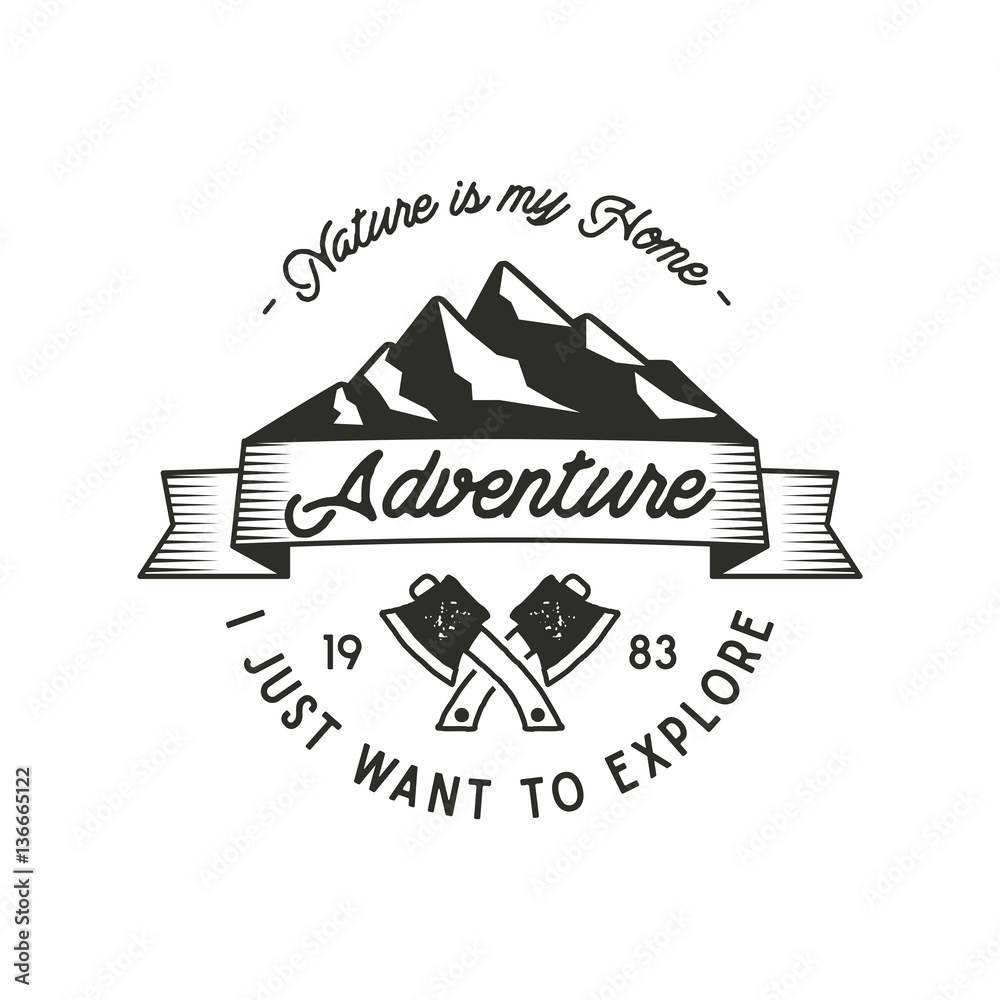 Mountain expedition adventure label with axe symbols and typography ...
