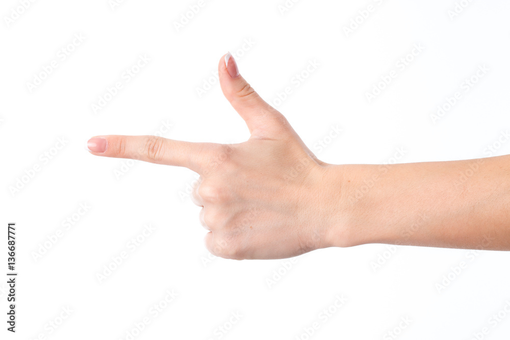 female hand showing the gesture with index finger and raised up the ...