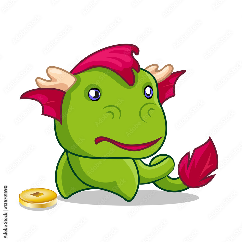 cartoon cute green dragon with Chinese coin Stock Vector | Adobe Stock