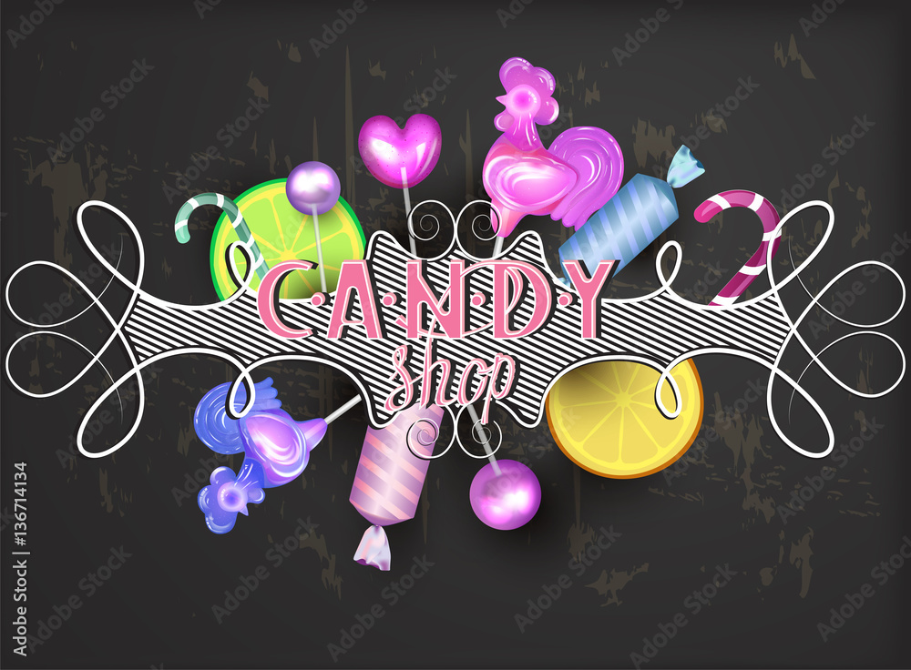 Candy shop background with caramel sweets,lollipops on the blackboard ...