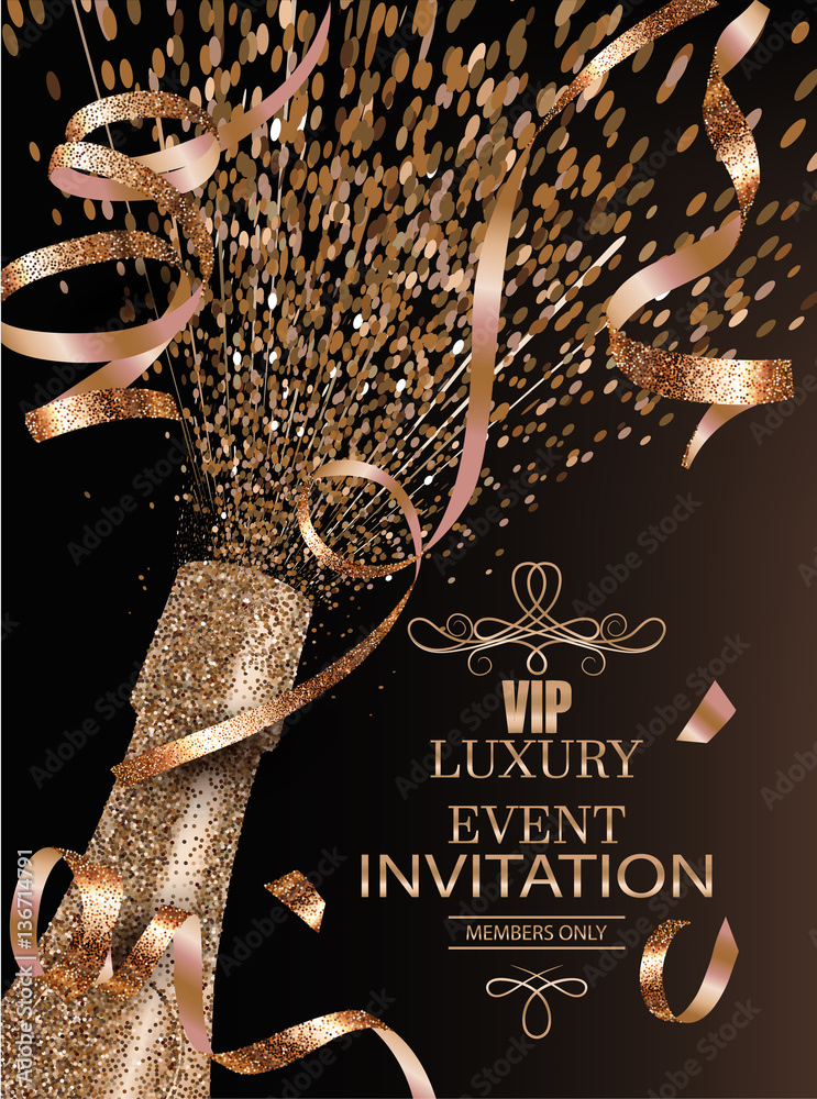 Luxury event invitation card with sparkling bottle of shampagne and ...
