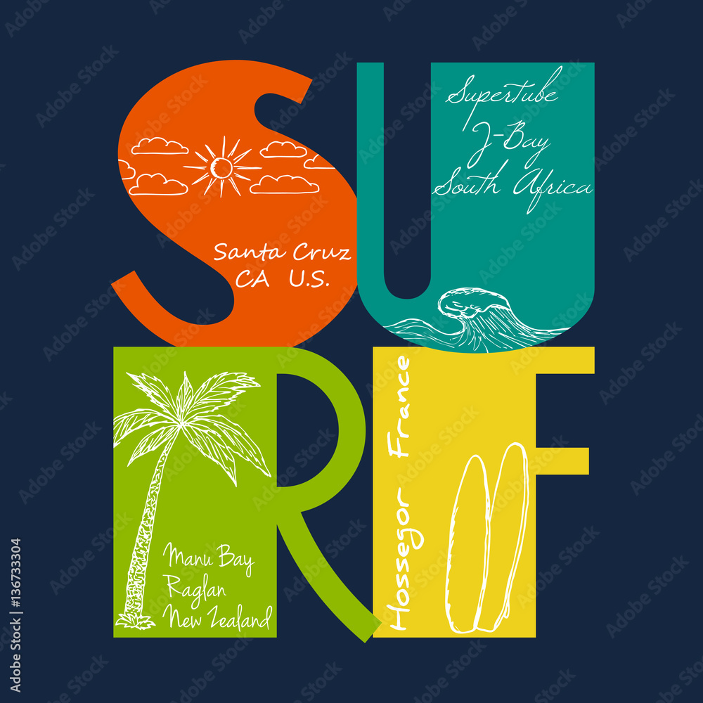 Surf emblem with hand drawn of the sun, wave, palm and surfboard Stock ...